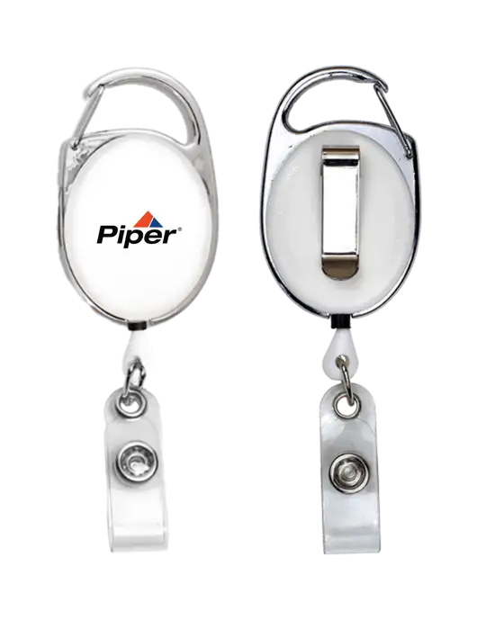 White Carabiner Style Badge Reel and Badge Holder w/Piper Logo